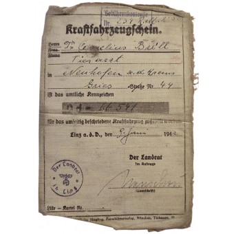 Motorcykel ( DKW)Auto Union 198 cс, 1939 år, registreringsbevis 1942