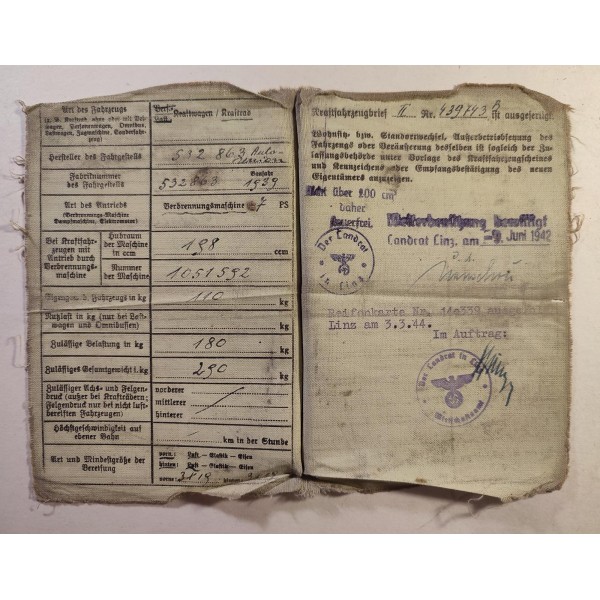 Motorcycle ( DKW)Auto Union 198 cс, 1939 year, vehicle registration ...