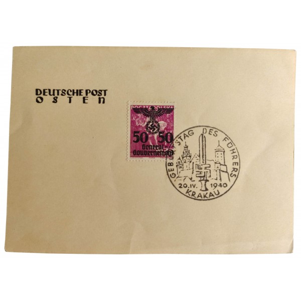 Postcard of the first day with postmark of occupied Poland and Cracow ...