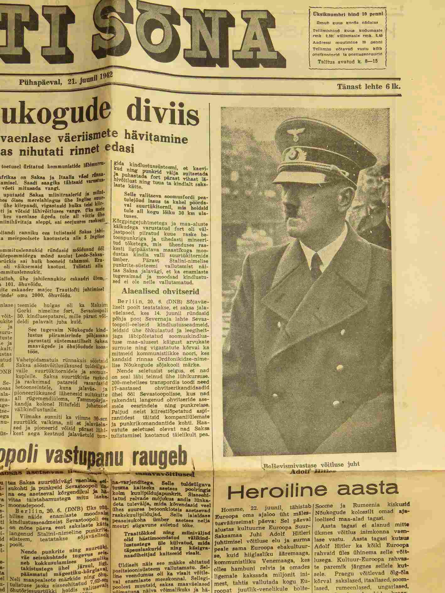 Estonian language ww2 period newspaper "Eesti sõna, 21. June 1942